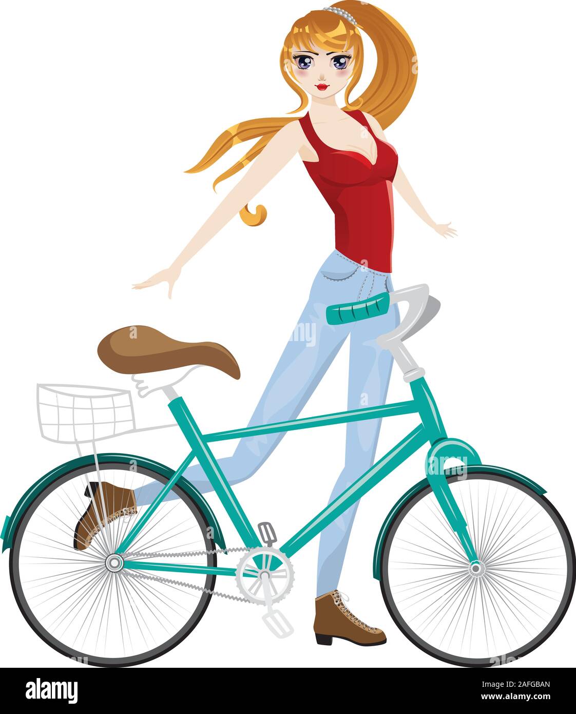 Cartoon girl stand near bicycle on white background Stock Vector Image ...