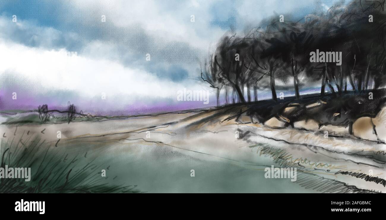 Trees on Hill drawing Stock Photo - Alamy