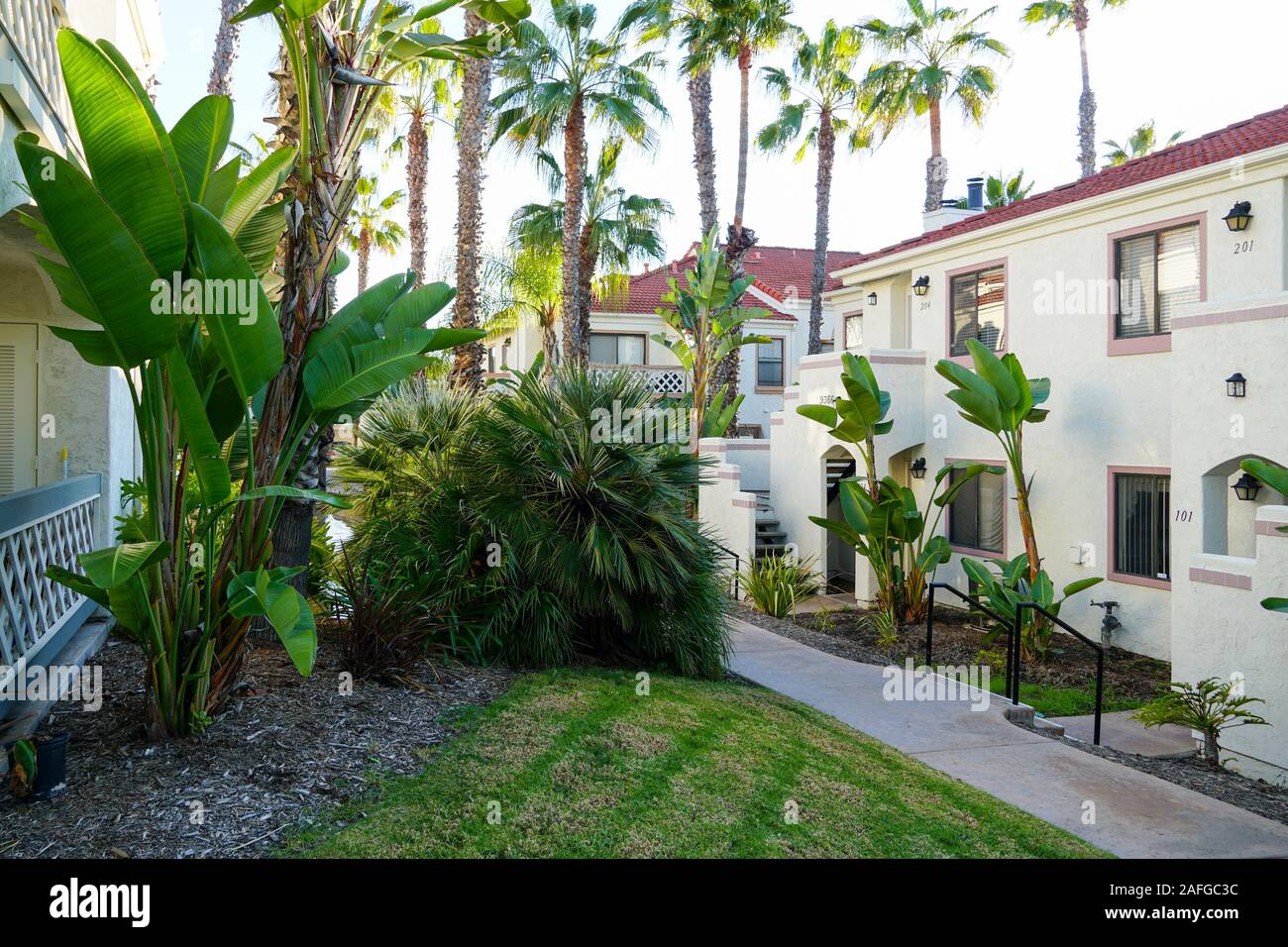 Typical Southern California Spanish style residential condo surrounded ...