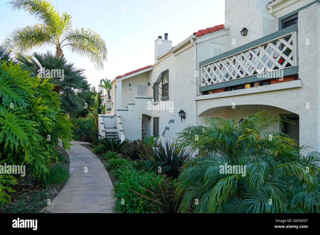 Typical Southern California Spanish style residential condo surrounded ...
