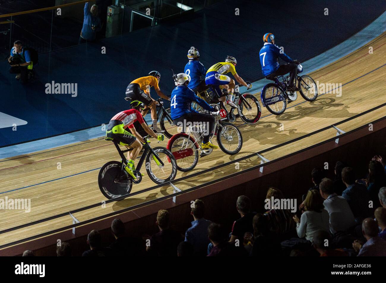 Riders taking part in the derny race in which riders are paced by a ...