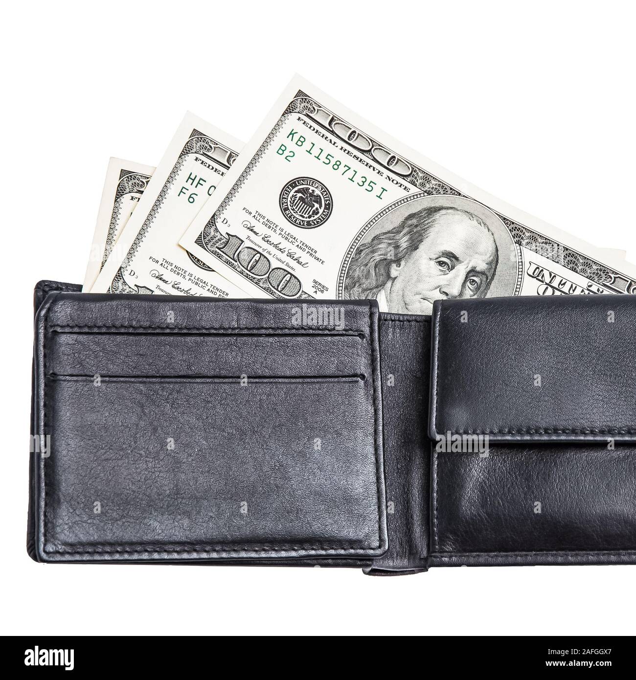 Black wallet with dollars deployed horizontally on a white background ...
