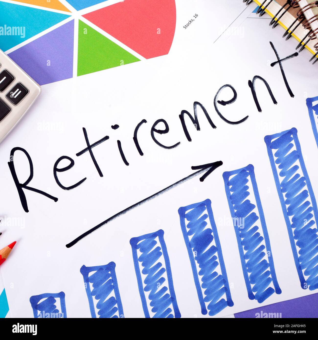 The word Retirement written on a hand drawn bar chart surrounded by ...
