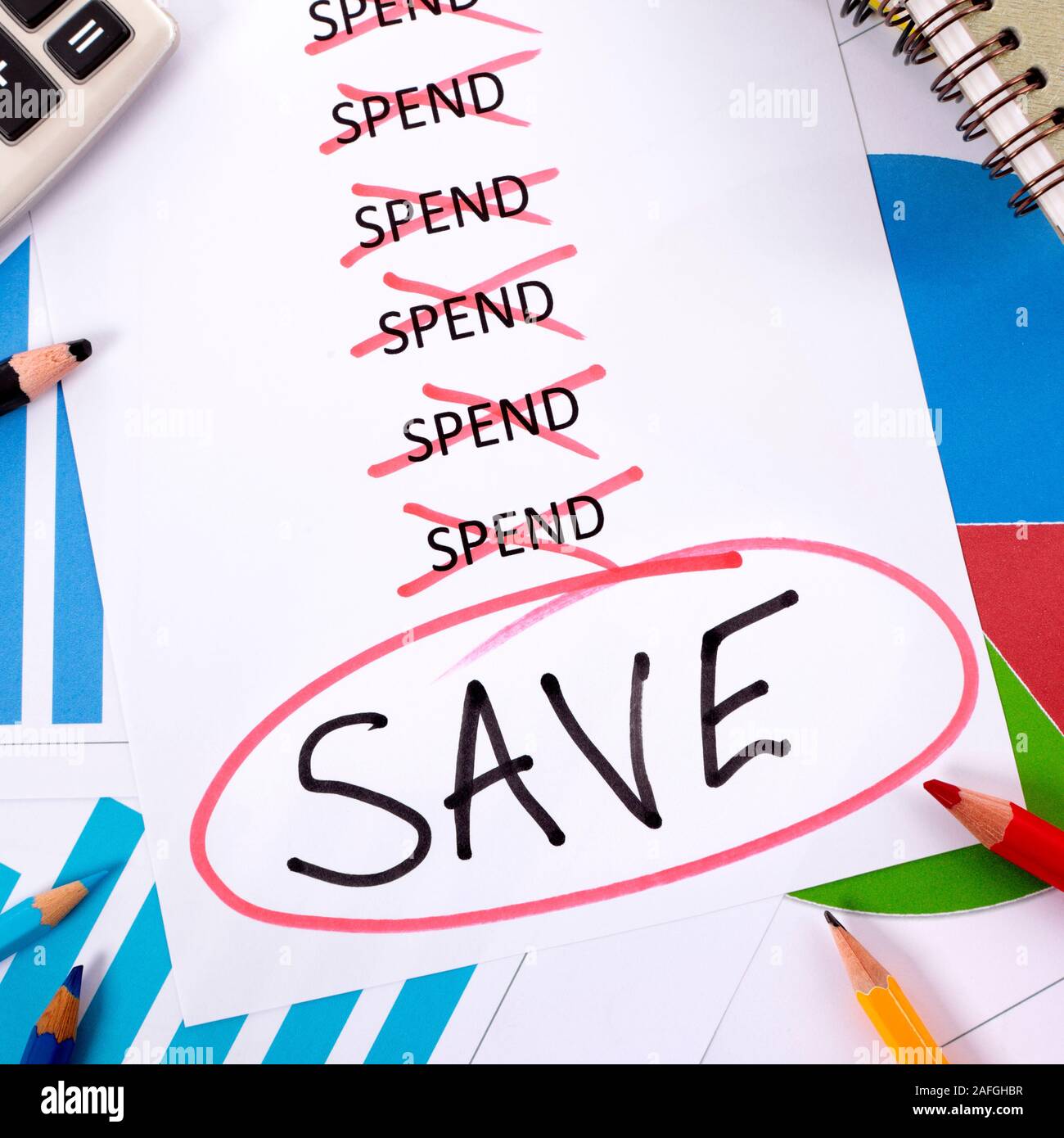 The word Save hand written and circled in red below a list of spending ...