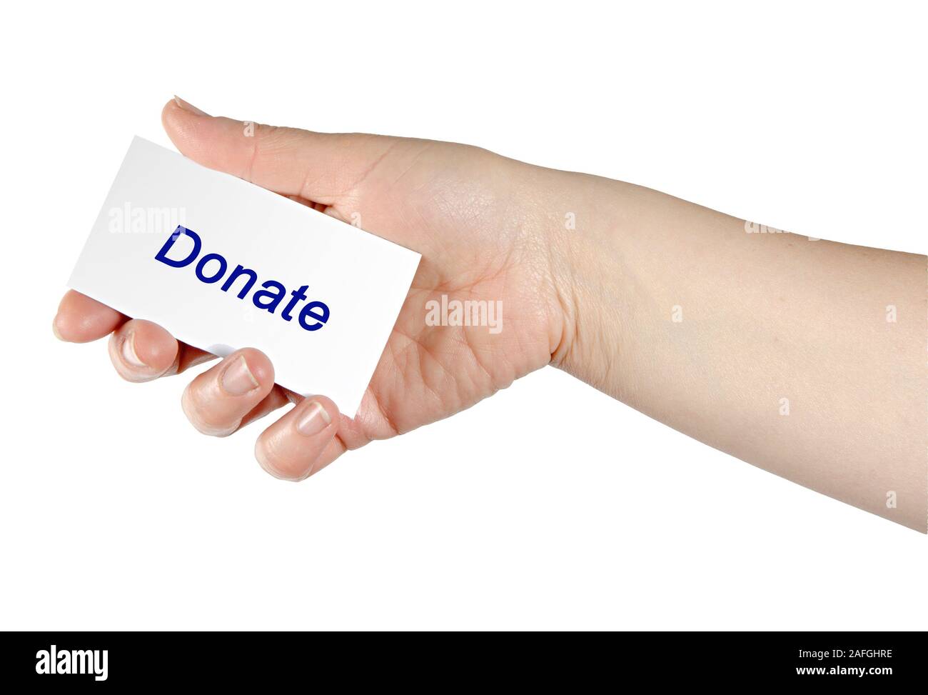 Hand with card DONATE Stock Photo - Alamy