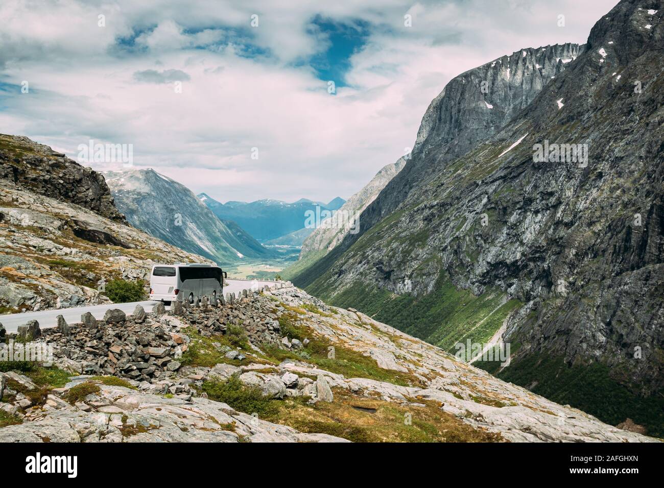 Trollstigen, Andalsnes, Norway. Bus Goes On Famous Mountain Road ...