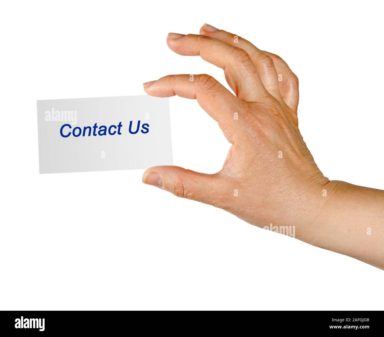 Hand with card CONTACT US Stock Photo - Alamy