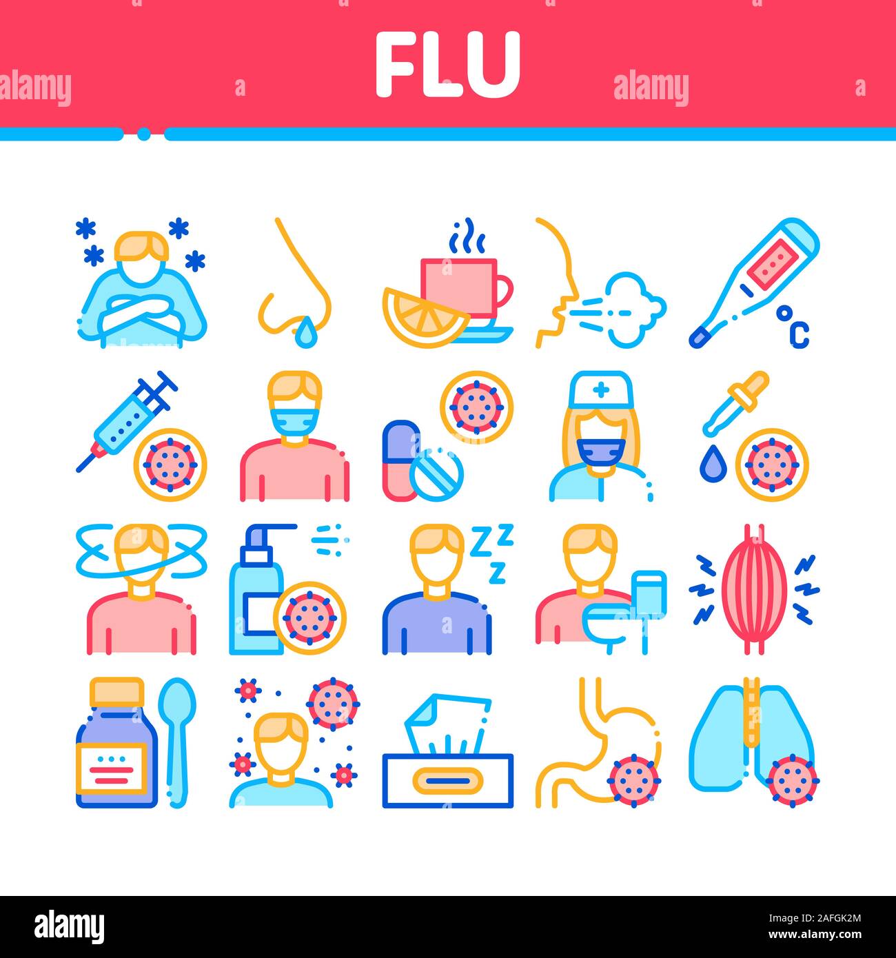 Flu Symptoms Medical Collection Icons Set Vector Stock Vector Image ...