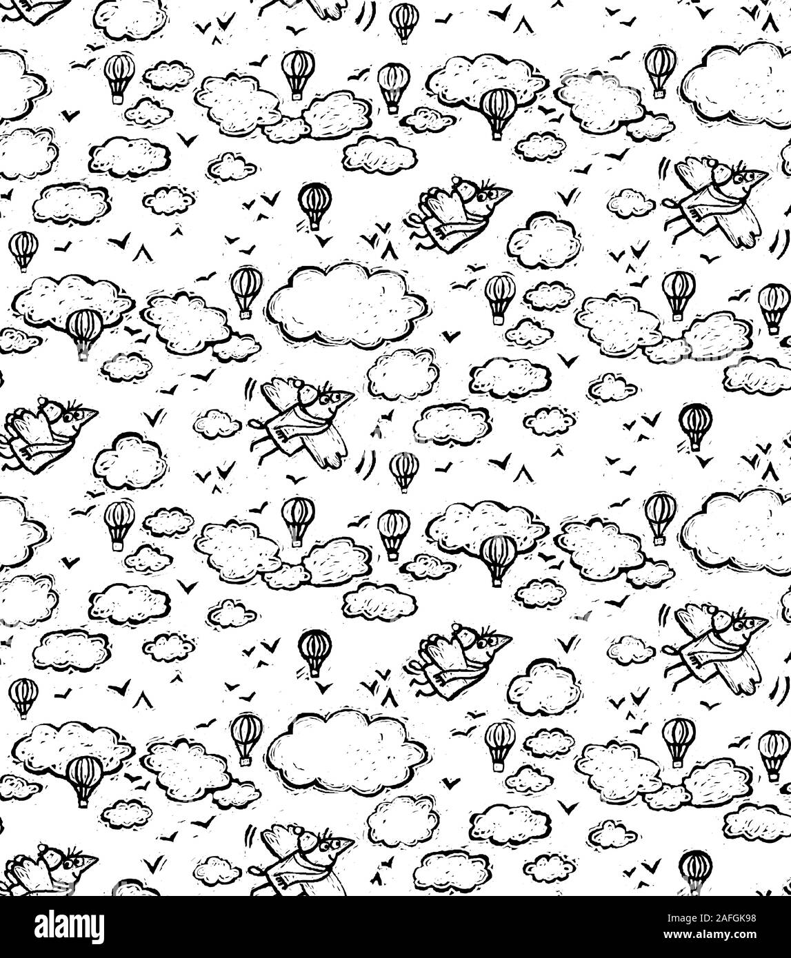 Doodles fly bird sky clouds black and white seamless pattern ...