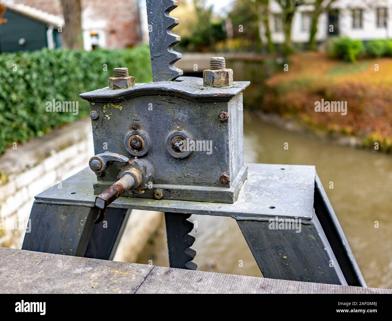16 Close up of metal mechanical device used for raising and lowering ...
