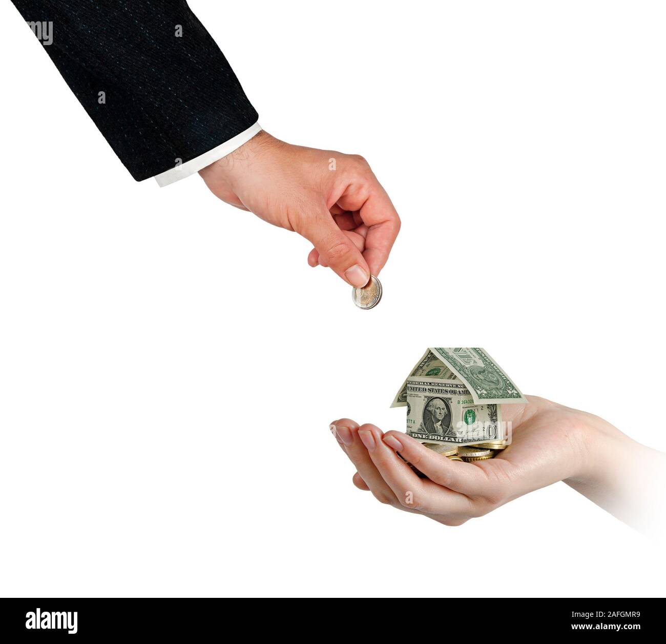 Money home in hand isolated on white background Stock Photo - Alamy