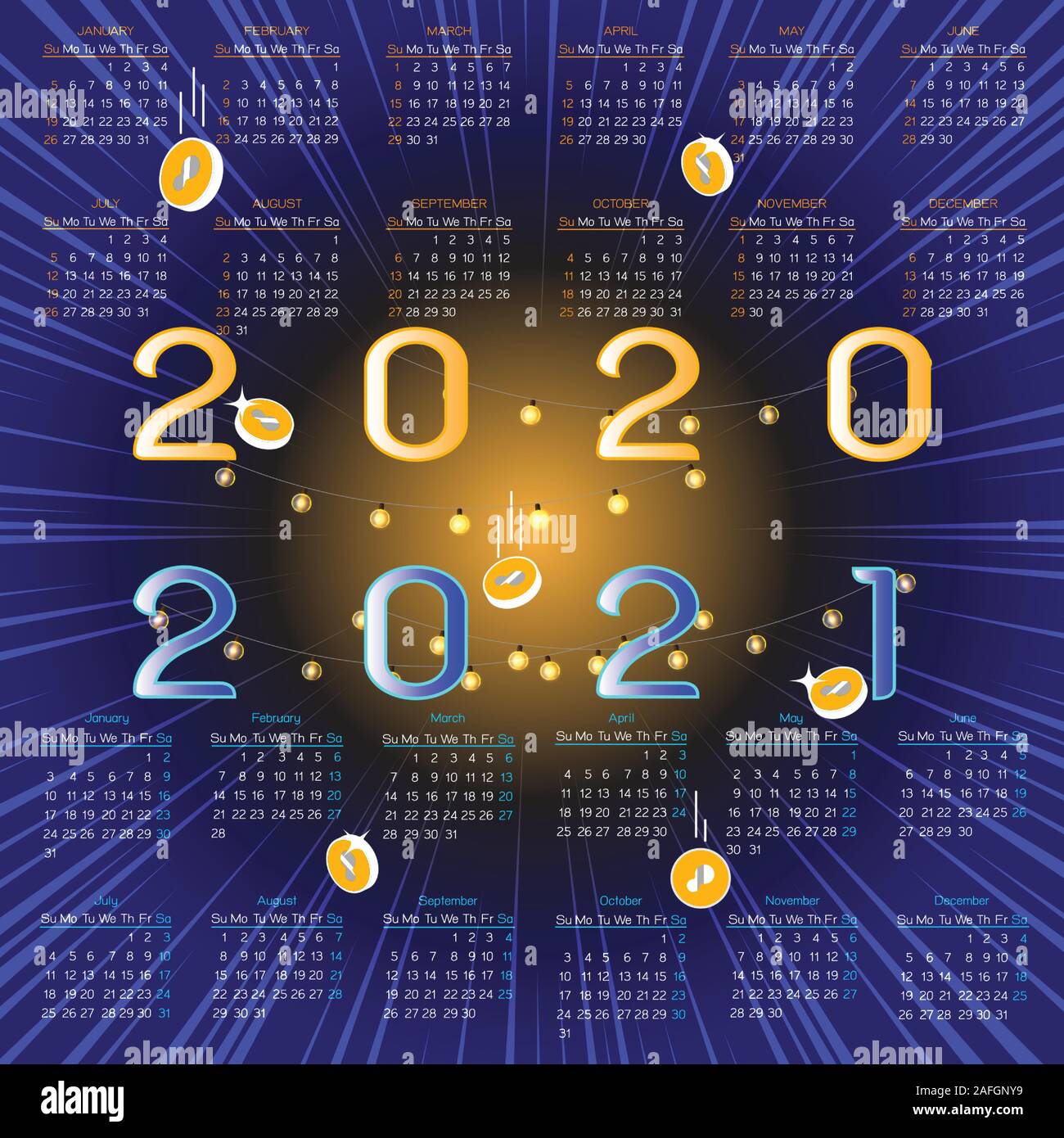 Year planner calendar of 2020 and 2021 on blue background, stock vector ...