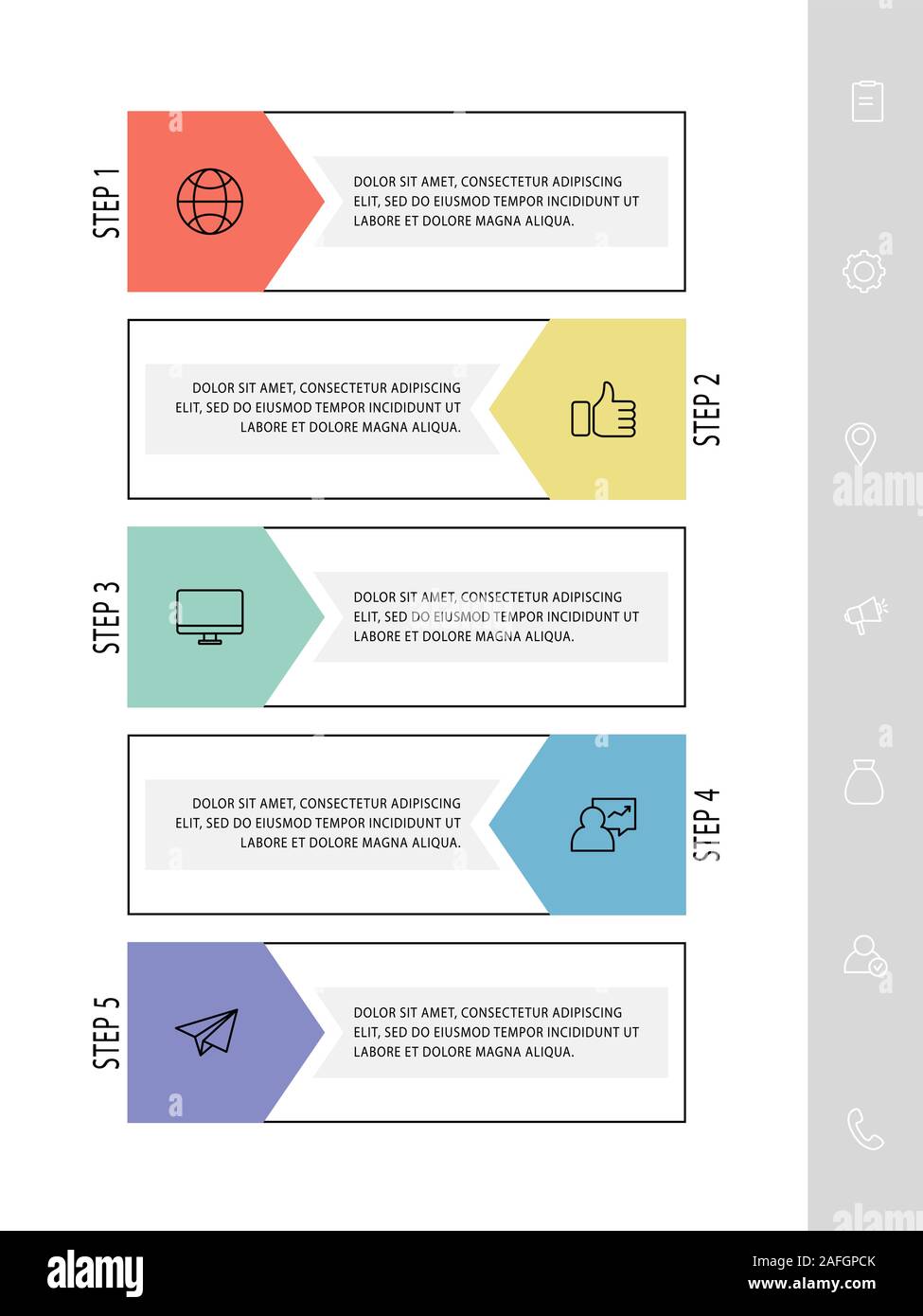 Vector infographic flat template. Shape with arrow for five diagrams, graph, flowchart, timeline ...