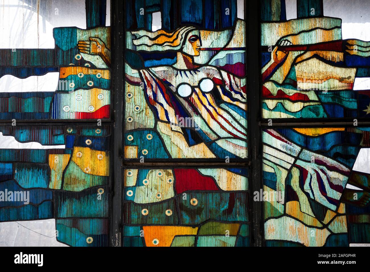 Remains of the stained glass facade (came glasswork) of Cafe Pripyat ...