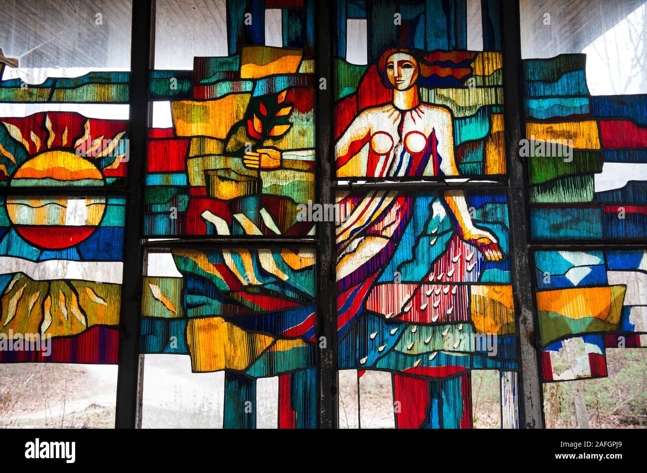 Remains of the stained glass facade (came glasswork) of Cafe Pripyat ...
