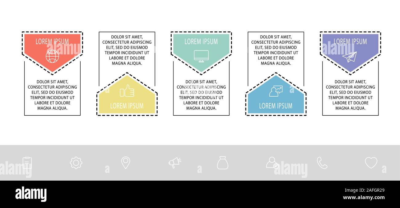 Vector infographic flat template. Shape with arrow for five diagrams, graph, flowchart, timeline ...