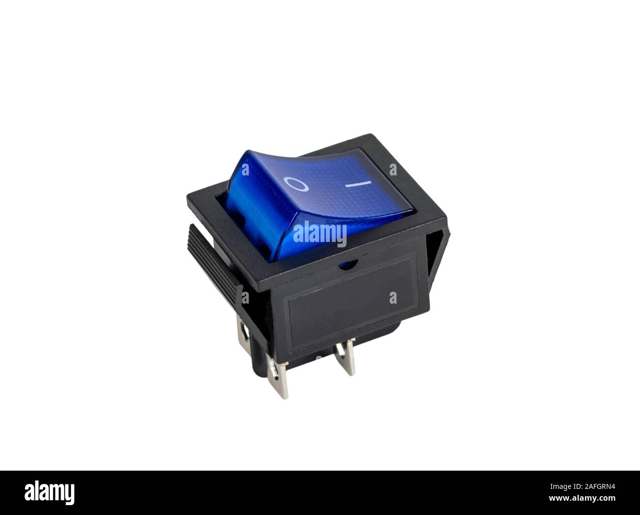 Blue electrical power switch, electronic component, isolated on white ...