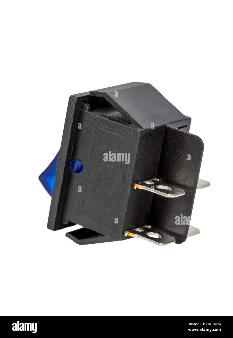 Blue electrical power switch, electronic component, isolated on white ...