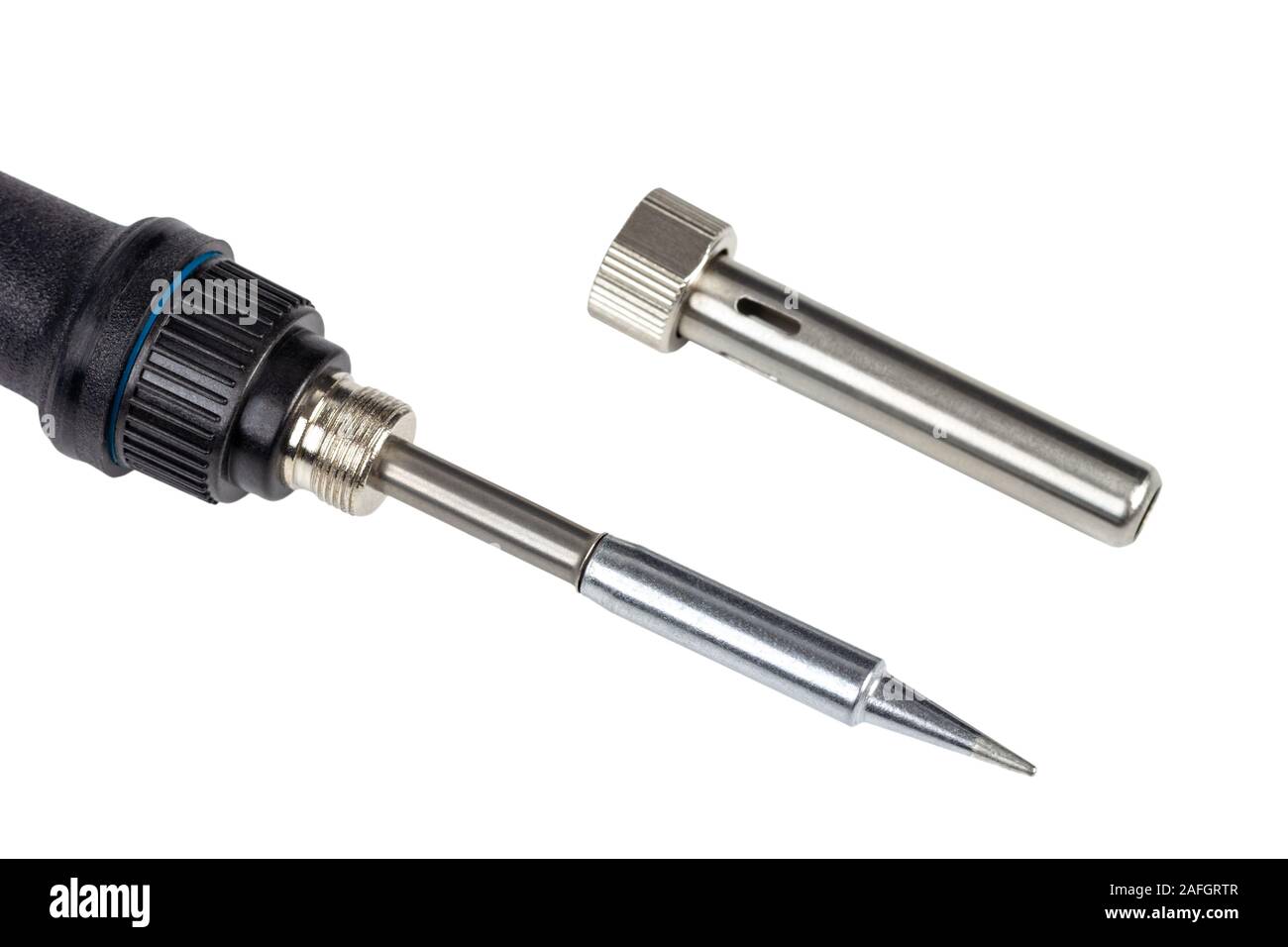 Close-up of a soldering iron tip with a blue handle isolated on white ...
