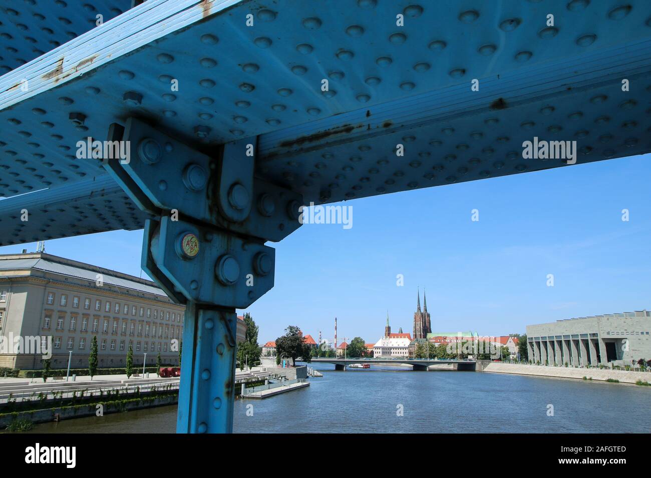 The view from one of the bridges over the river Odra in Wroclaw in ...