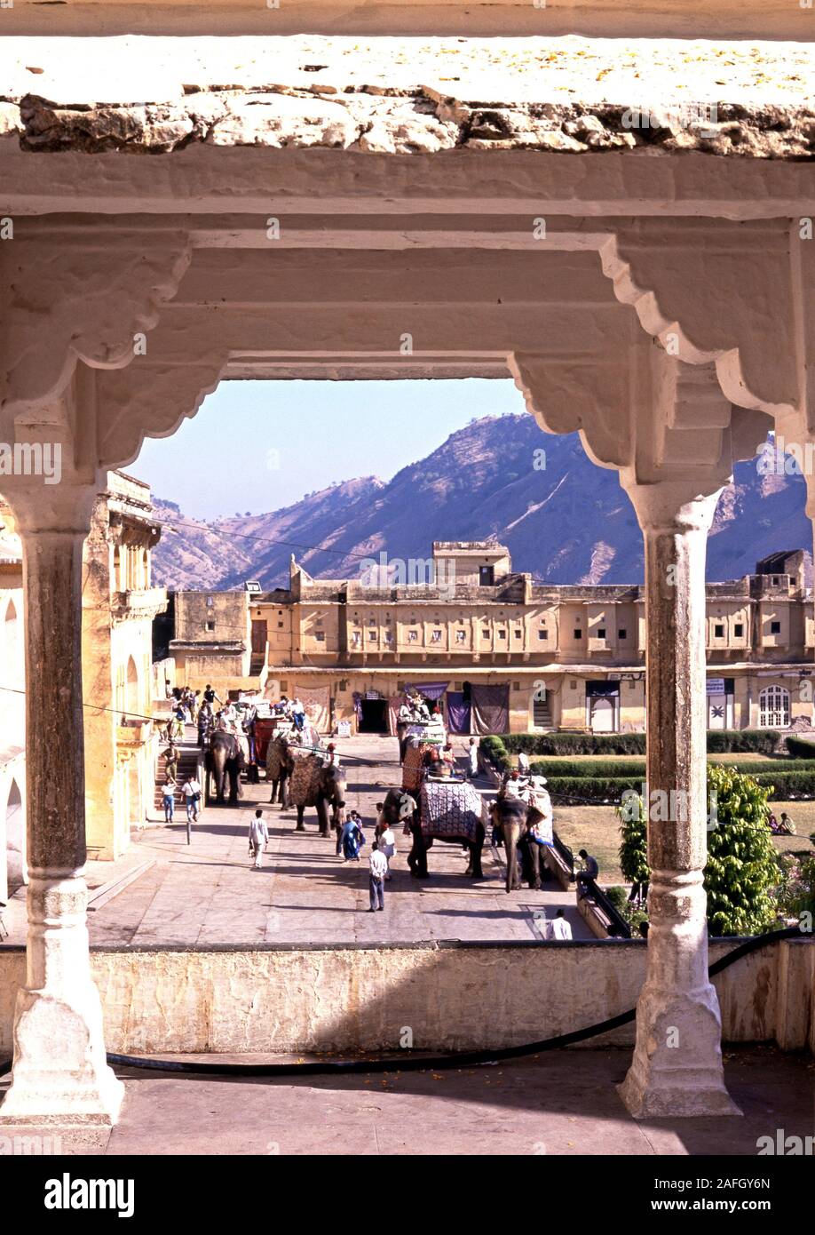 Elevated view of the Amber Fort buildings and gardens with views ...