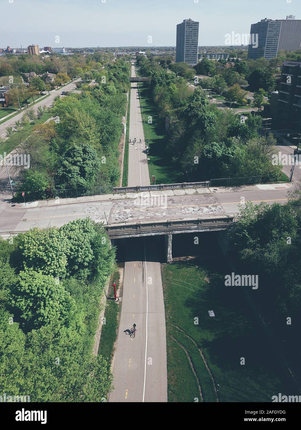 Vertical view of a road with a bridge above it surrounded by greenery ...