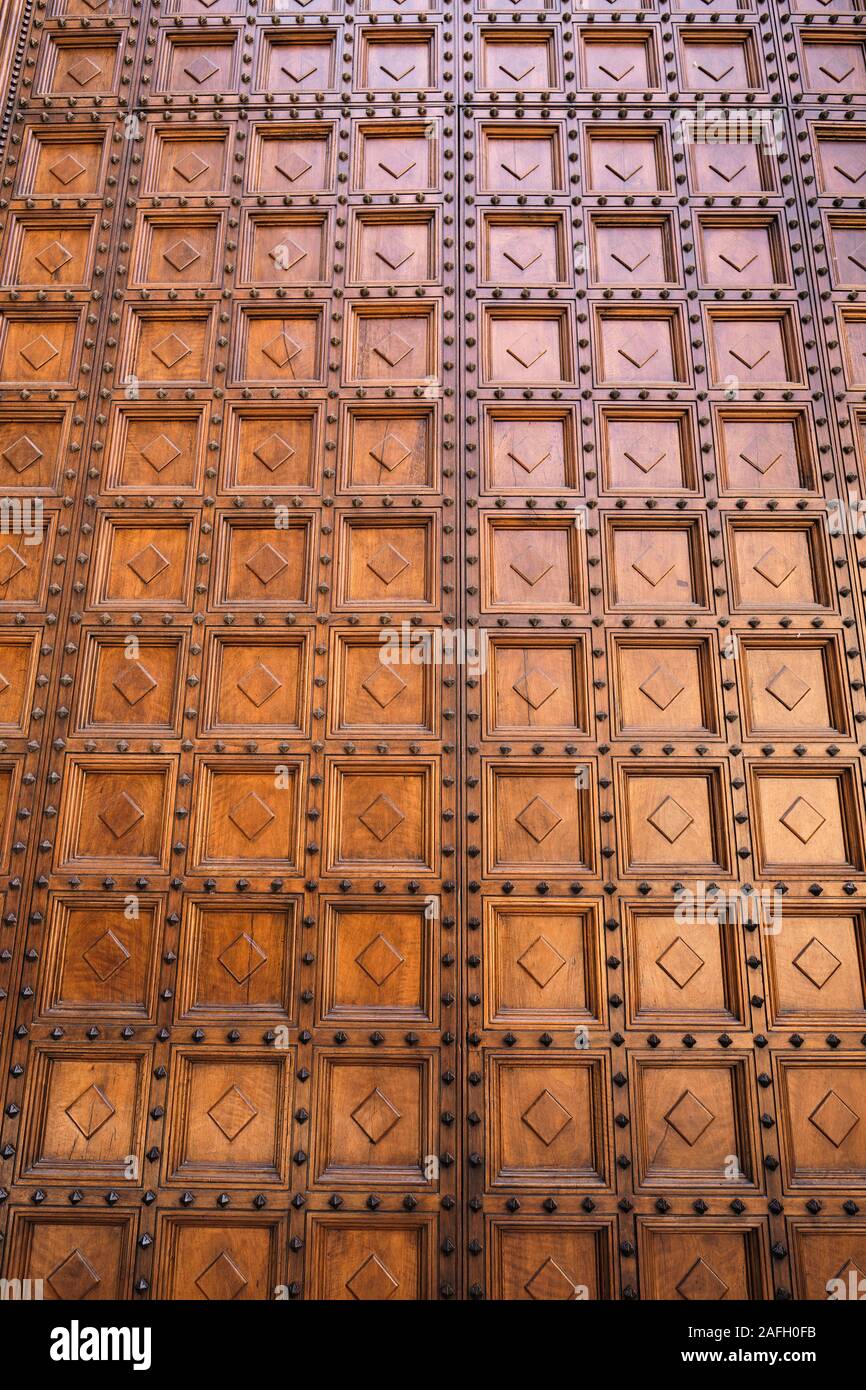 Large timbered Gothic style doors with a grid of squares full frame ...