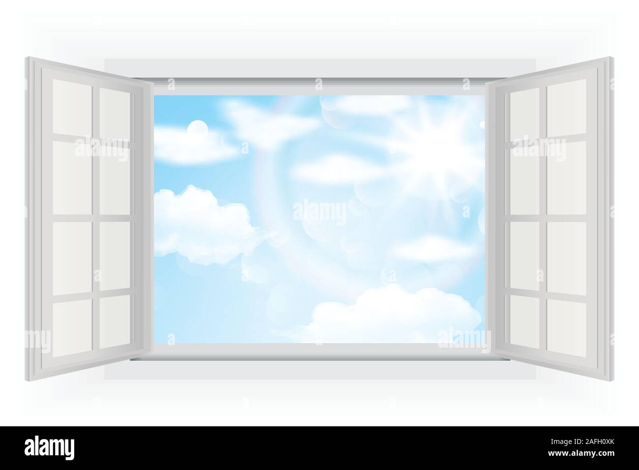 Open window, with real bright sunlight, clouds and blue sky. Vector ...