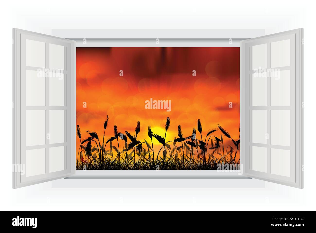 Opened wooden window and view on palm tree sunset in the beach Stock ...