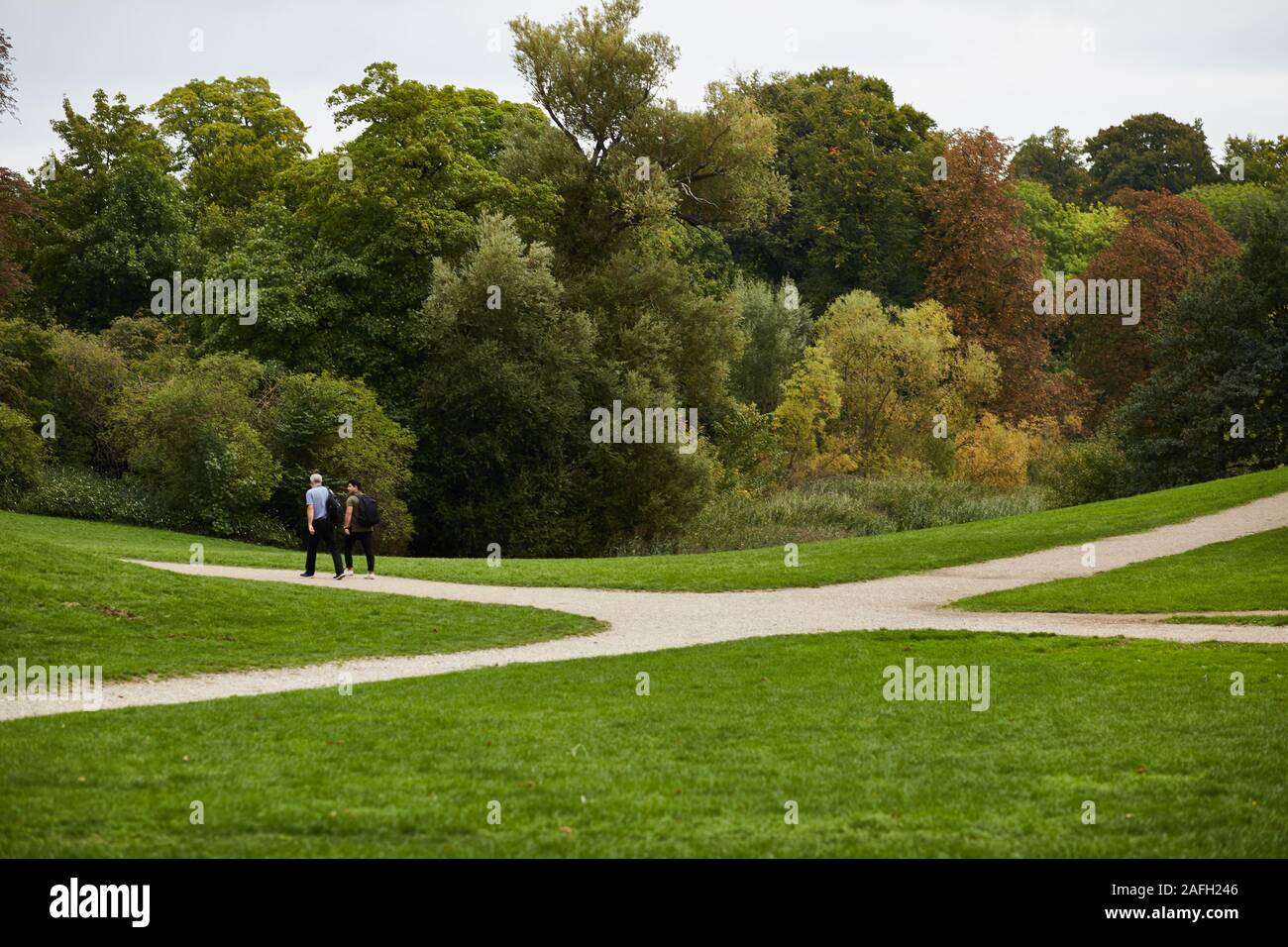 Landscape of a park surrounded by trees with people walking on a ...