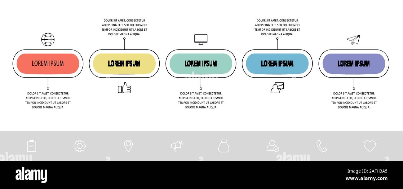 Vector infographic flat template. Shape with icons for five diagrams, graph, flowchart, timeline ...