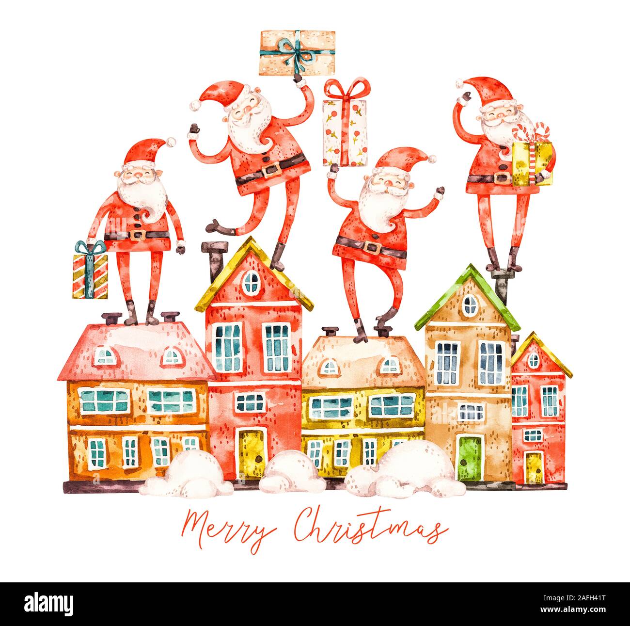 Naive watercolor santa claus with gifts flying over the houses ...