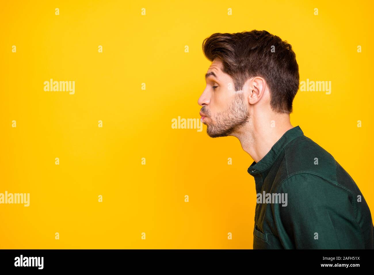 Side profile photo of tender man full of feelings pouting his lips to ...