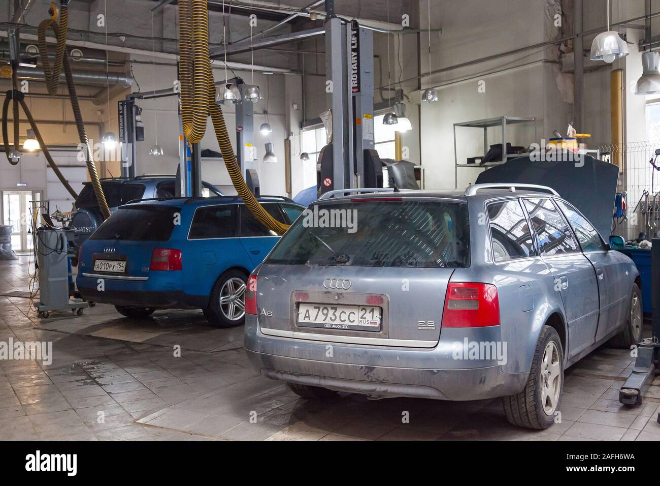 Novosibirsk, Russia - 08.01.2018: Two used cars Audi with an open hood ...