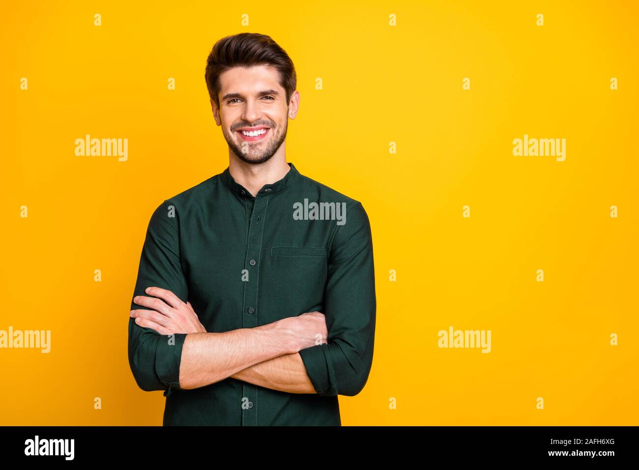 Portrait of confident cool entrepreneur guy cross hands look feel ...