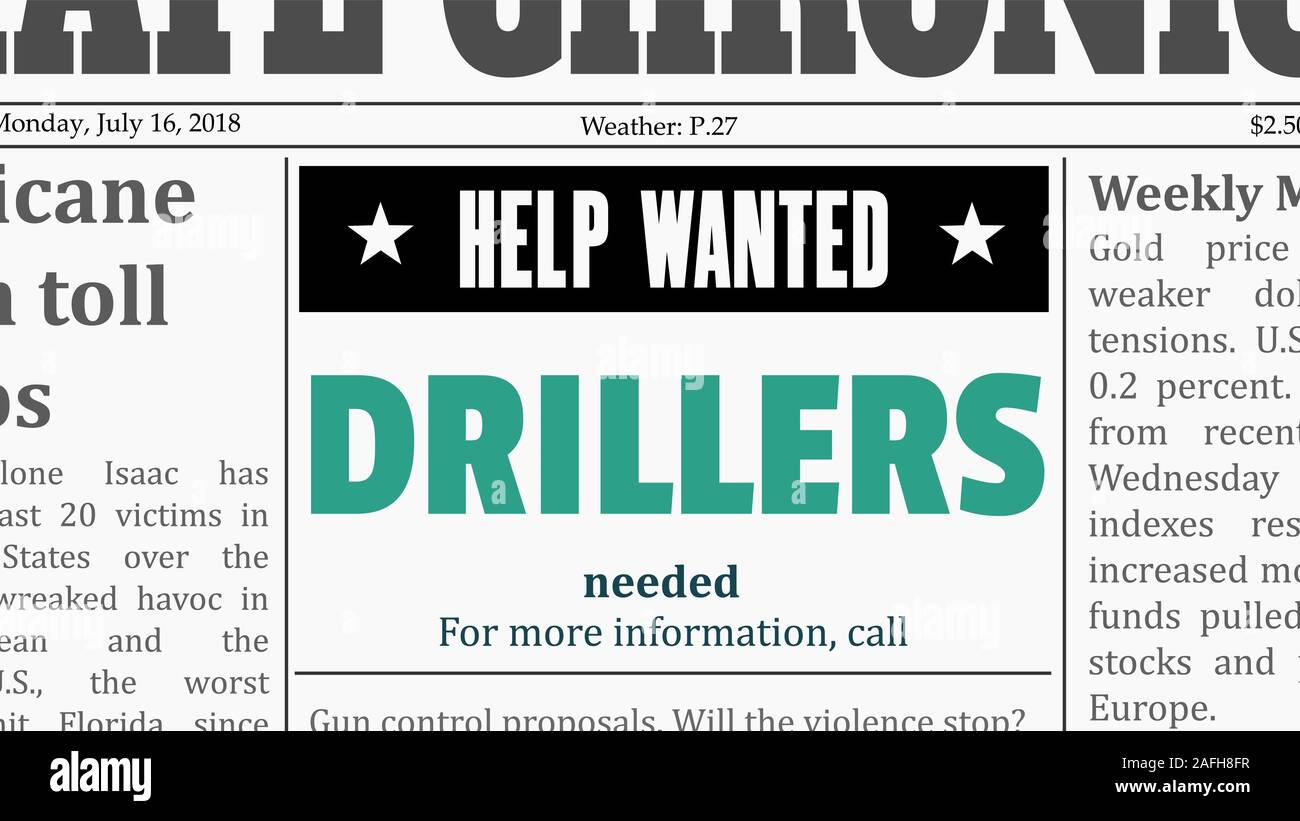 Drillers job offer. Newspaper classified ad in fake generic newspaper ...