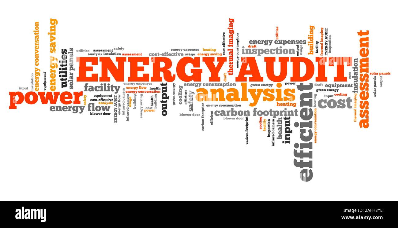 Energy audit - efficiency and consumption analysis word collage Stock ...