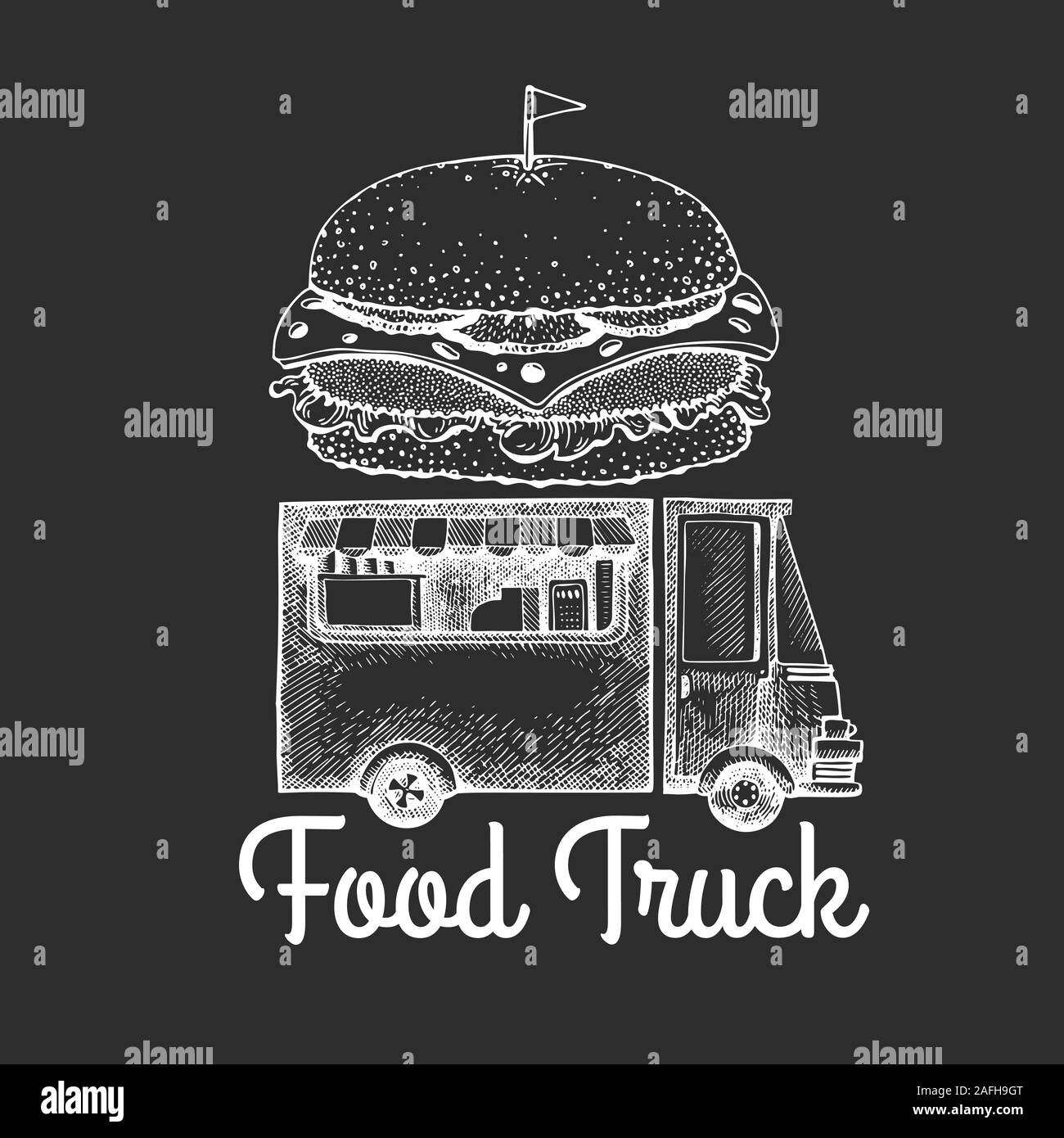 Street food burger van logo template. Hand drawn vector truck with fast ...