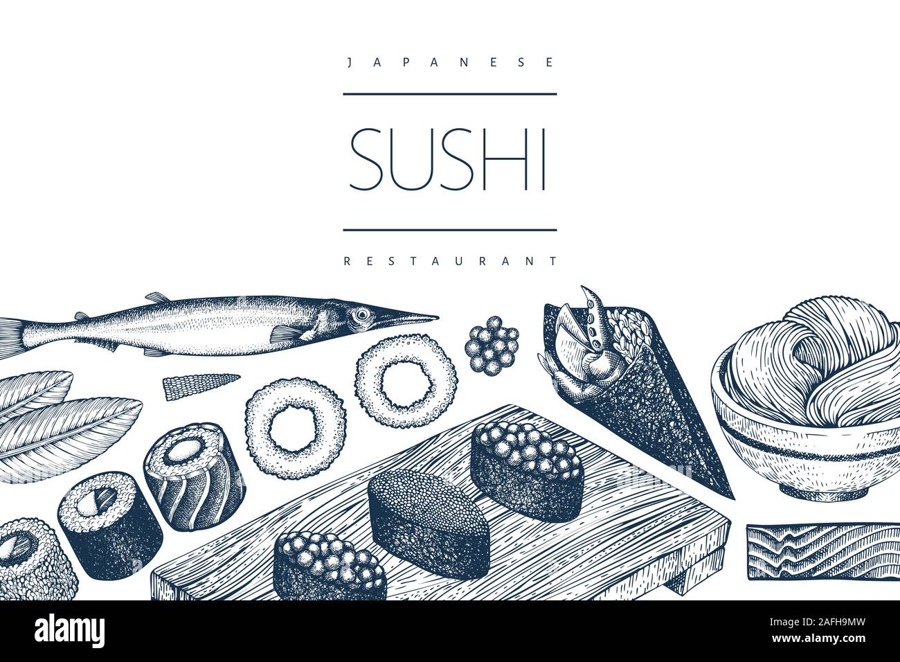 Japanese cuisine design template. Sushi hand drawn vector illustrations ...