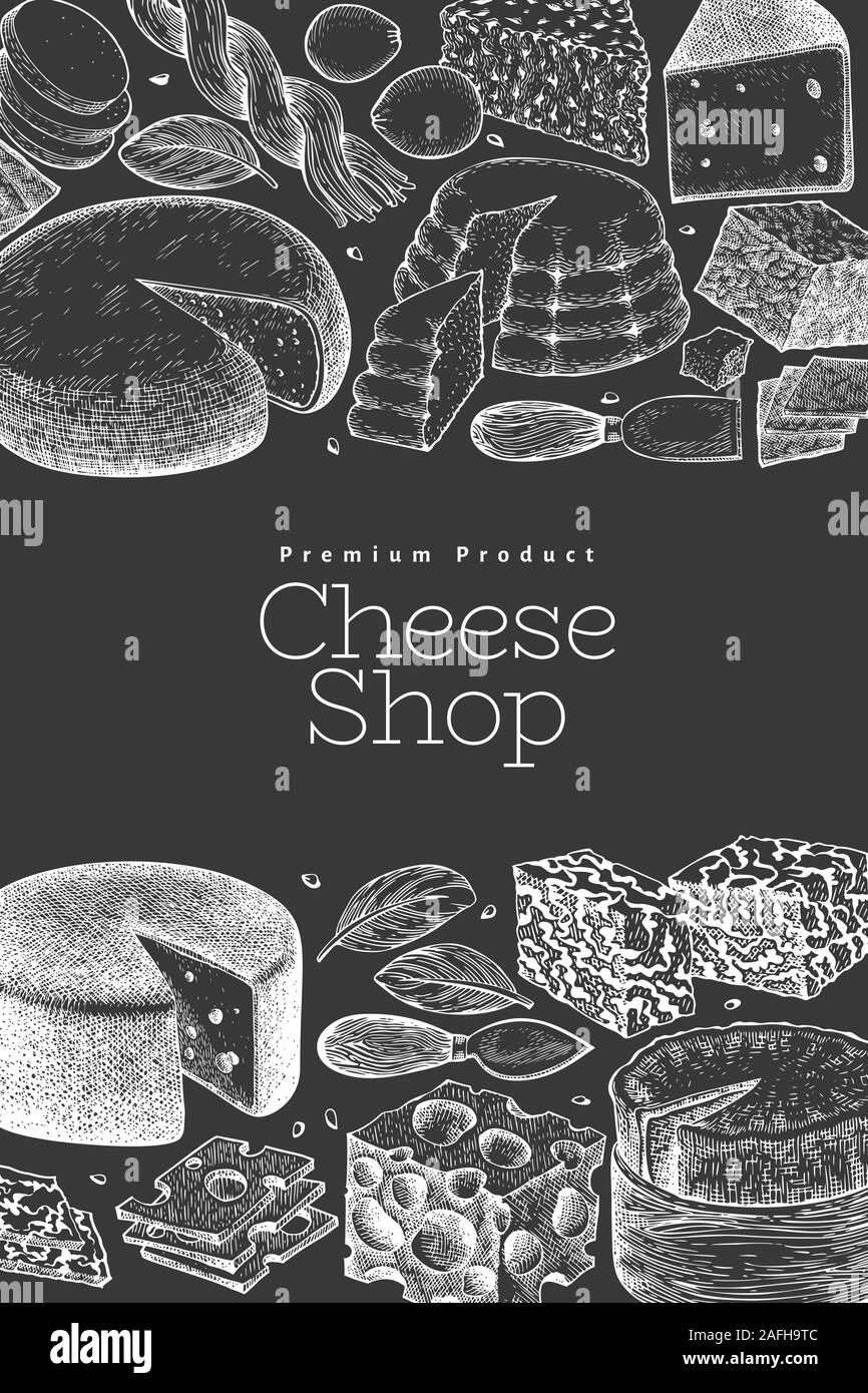 Cheese design template. Hand drawn vector dairy illustration on chalk ...