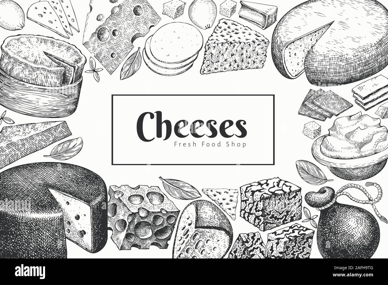 Cheese design template. Hand drawn vector dairy illustration. Engraved ...