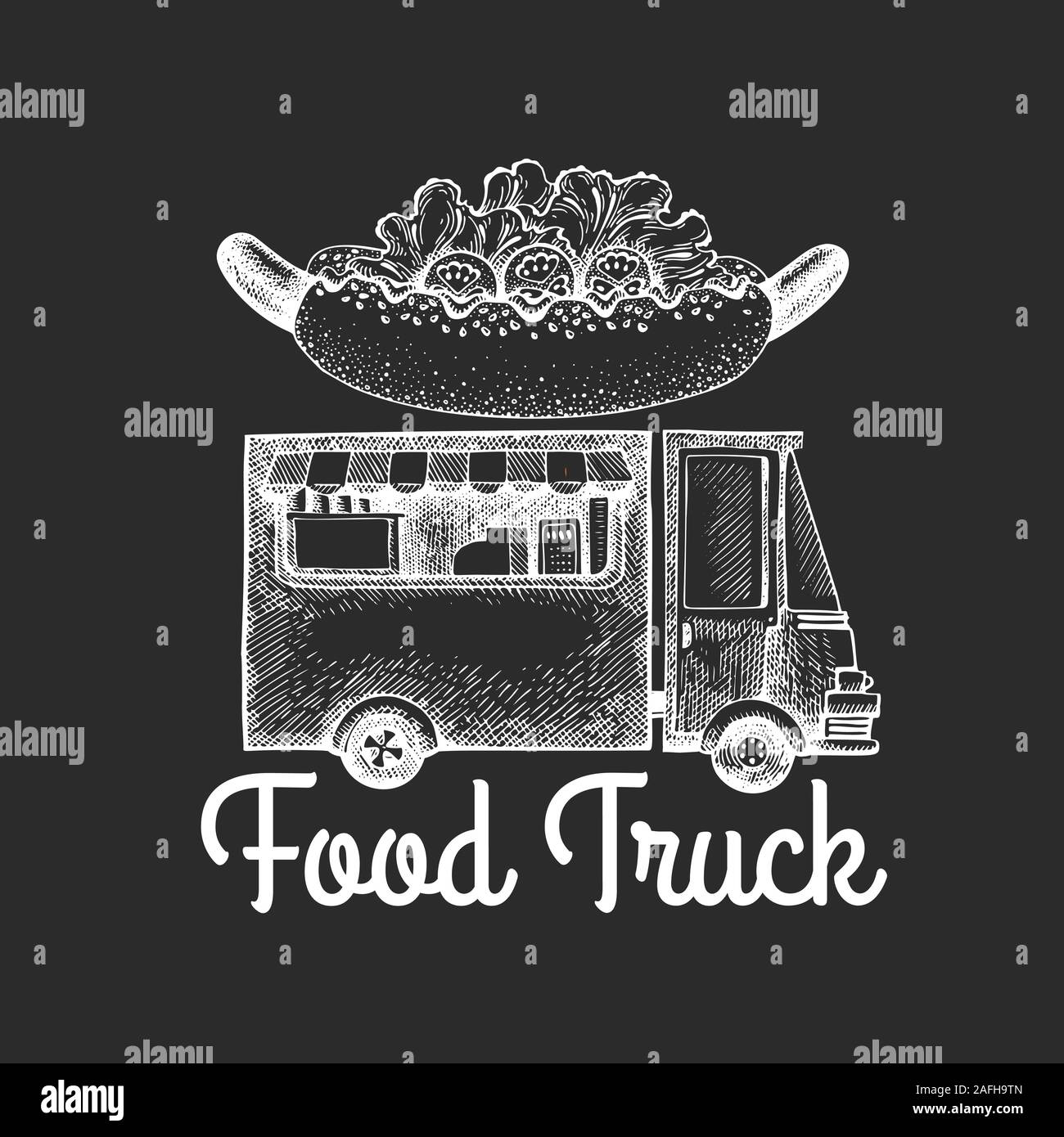 Street food van logo template. Hand drawn vector truck with fast food ...