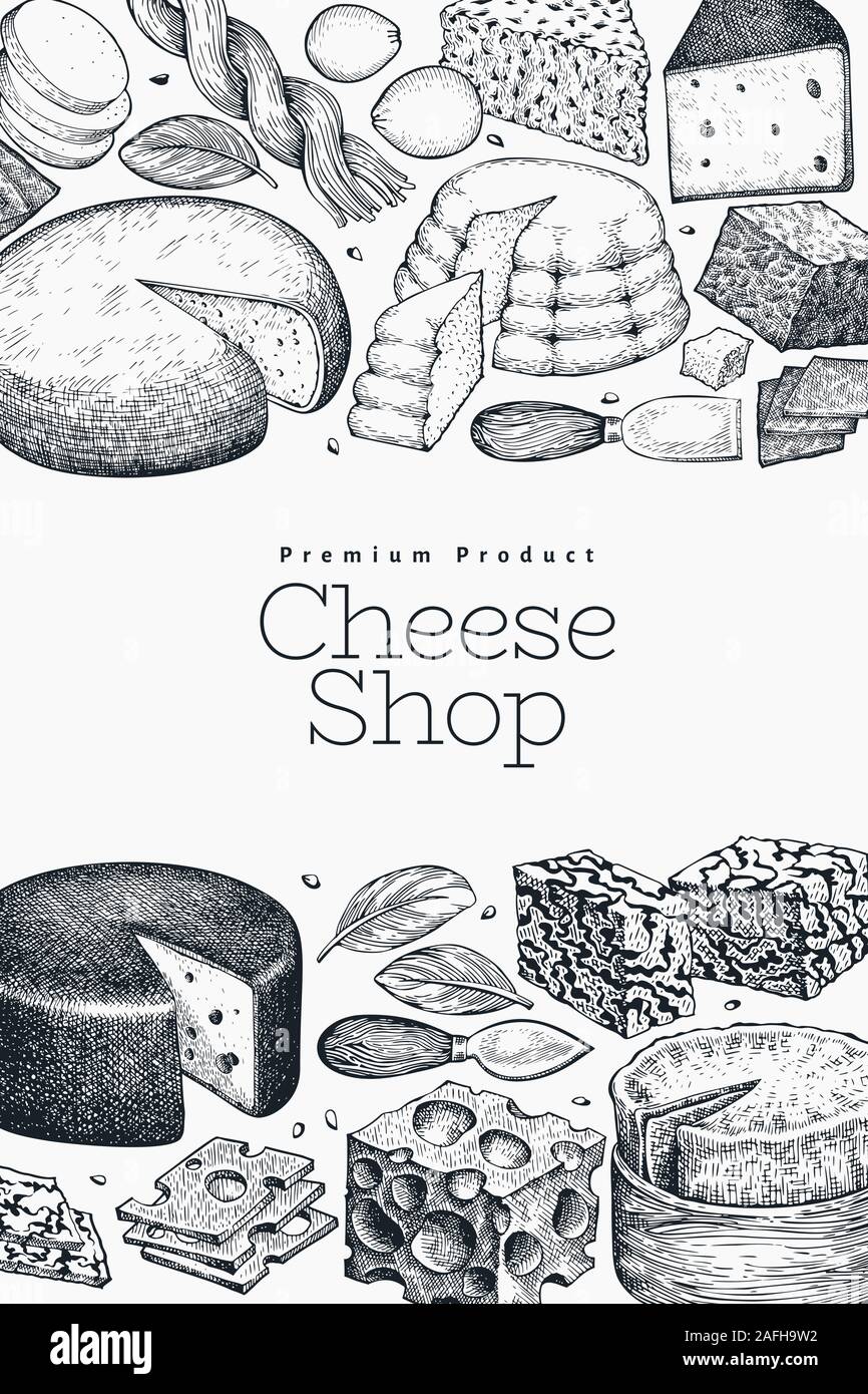 Cheese design template. Hand drawn vector dairy illustration. Engraved ...