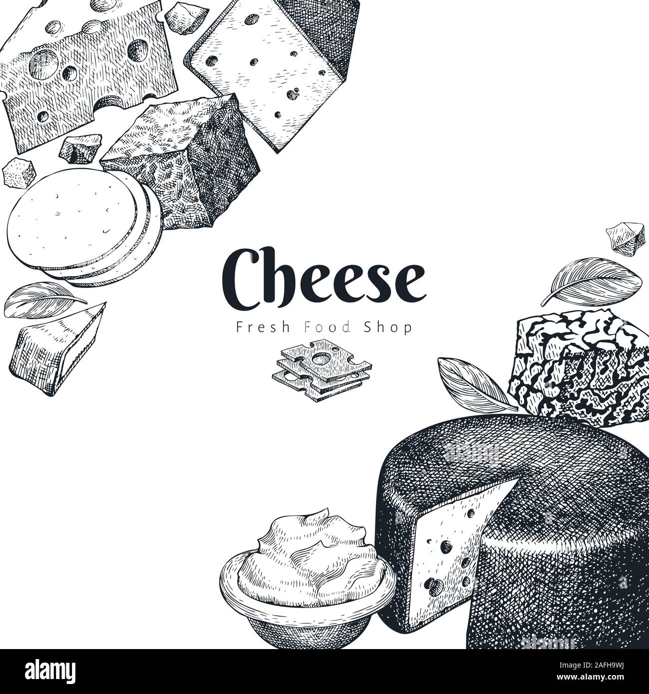 Cheese design template. Hand drawn vector dairy illustration. Engraved ...