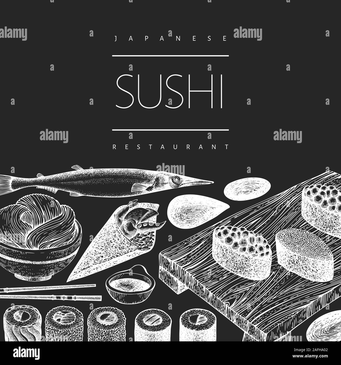 Japanese cuisine design template. Sushi hand drawn vector illustration ...