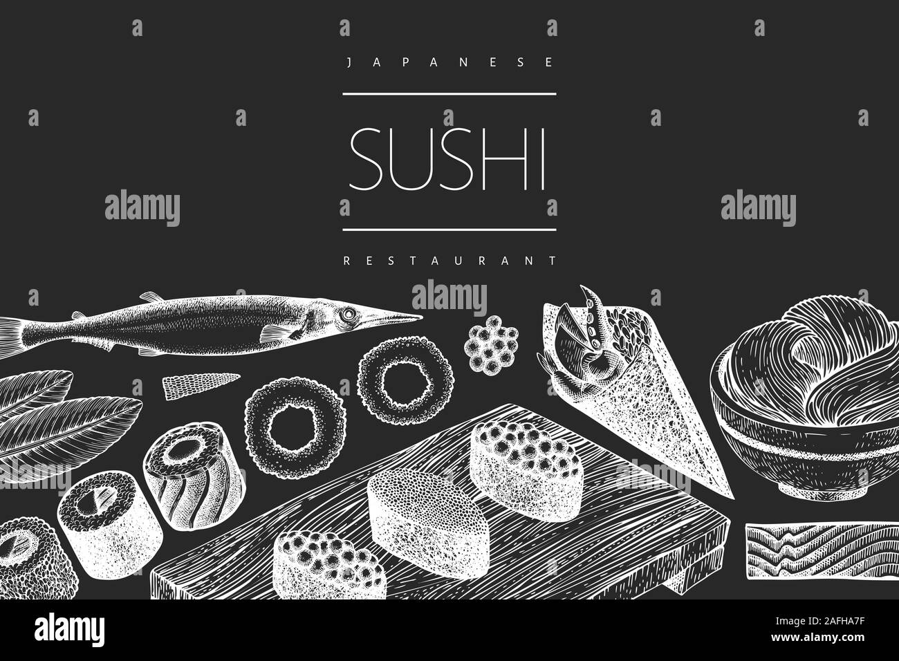 Japanese cuisine design template. Sushi hand drawn vector illustration ...
