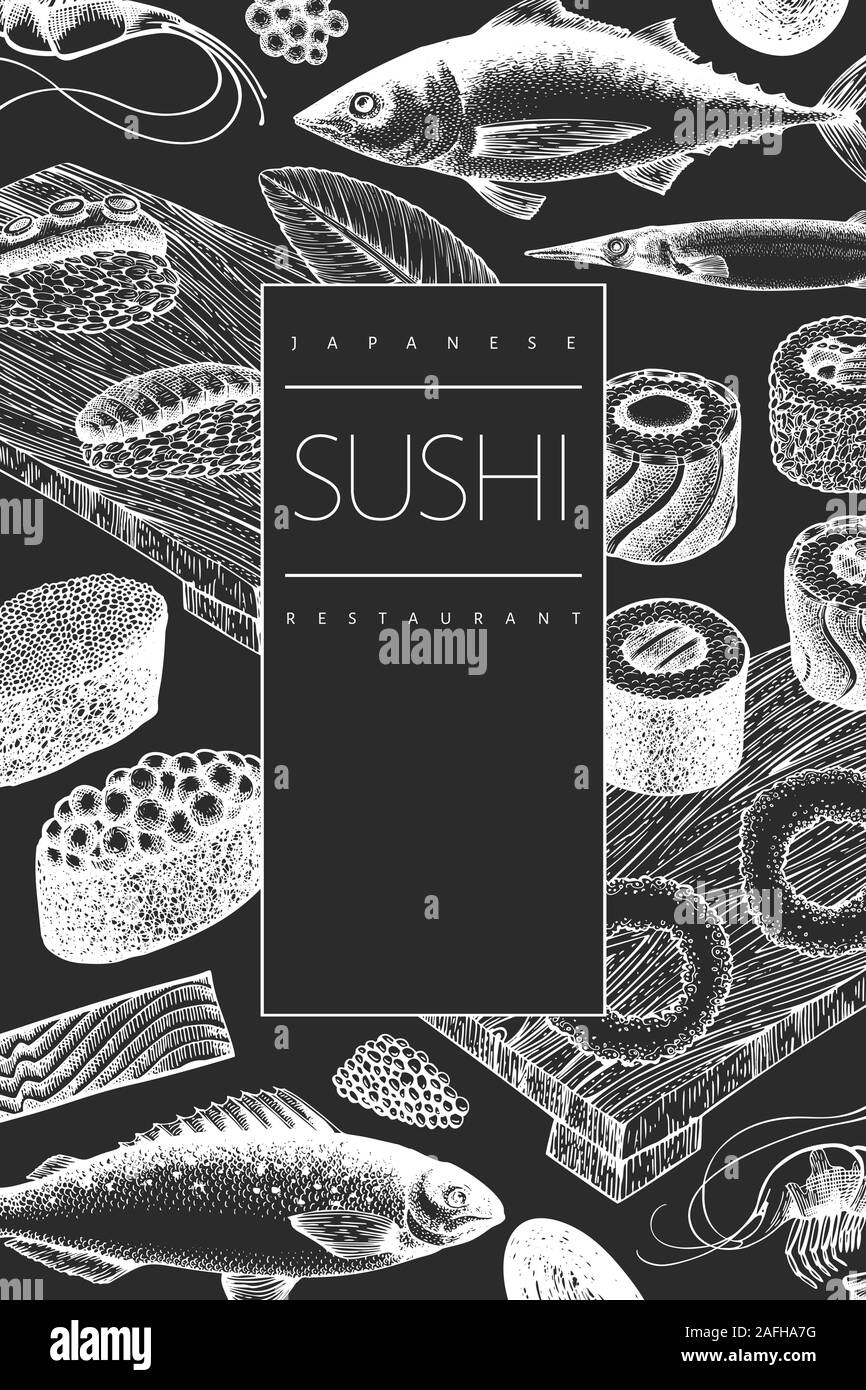 Japanese cuisine design template. Sushi hand drawn vector illustration ...