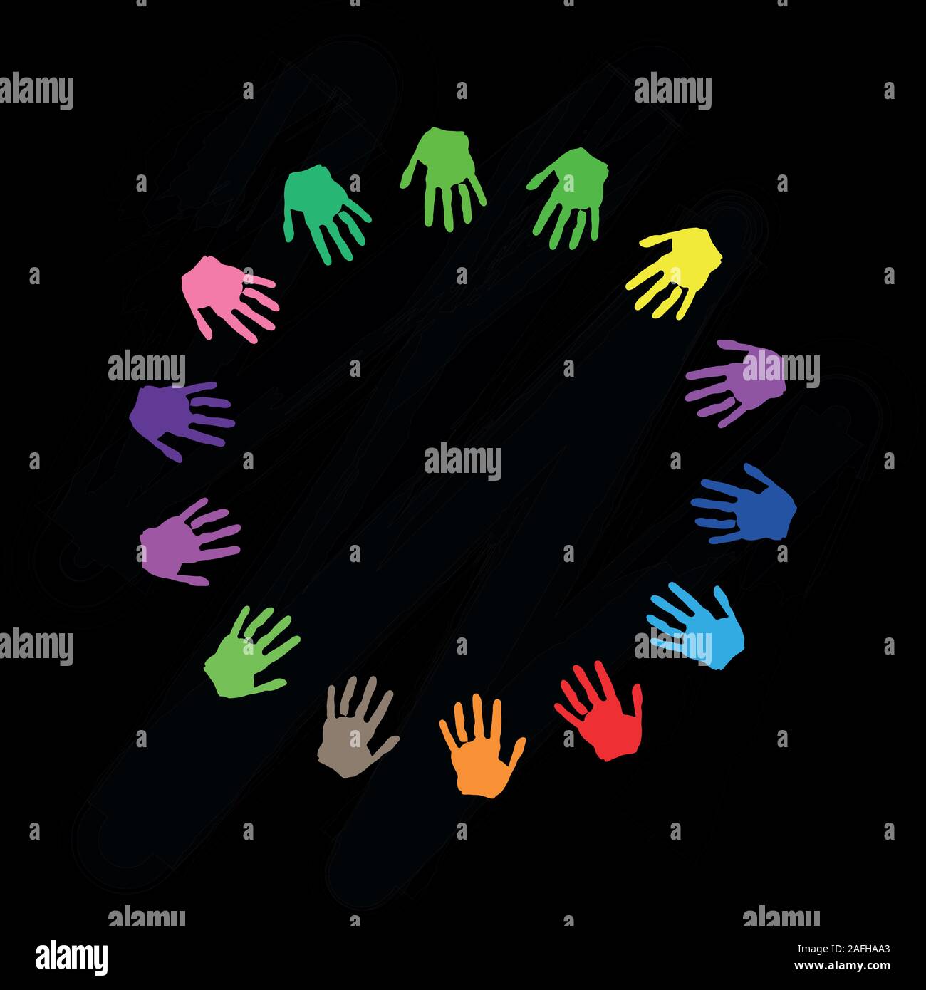 Colorful handprints, on black, of human hands in circle Stock Vector ...