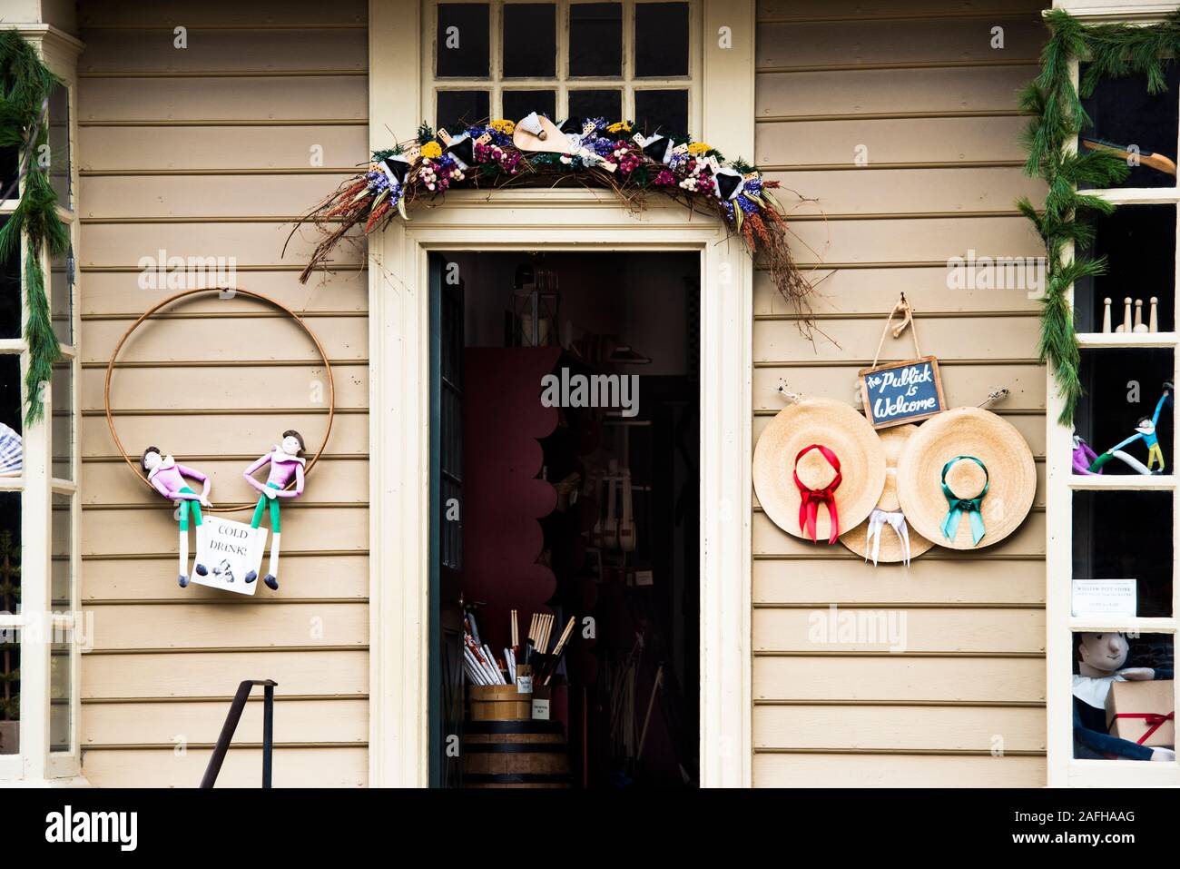 Christmas wreath over the open door of the William Pitt store, Colonial ...