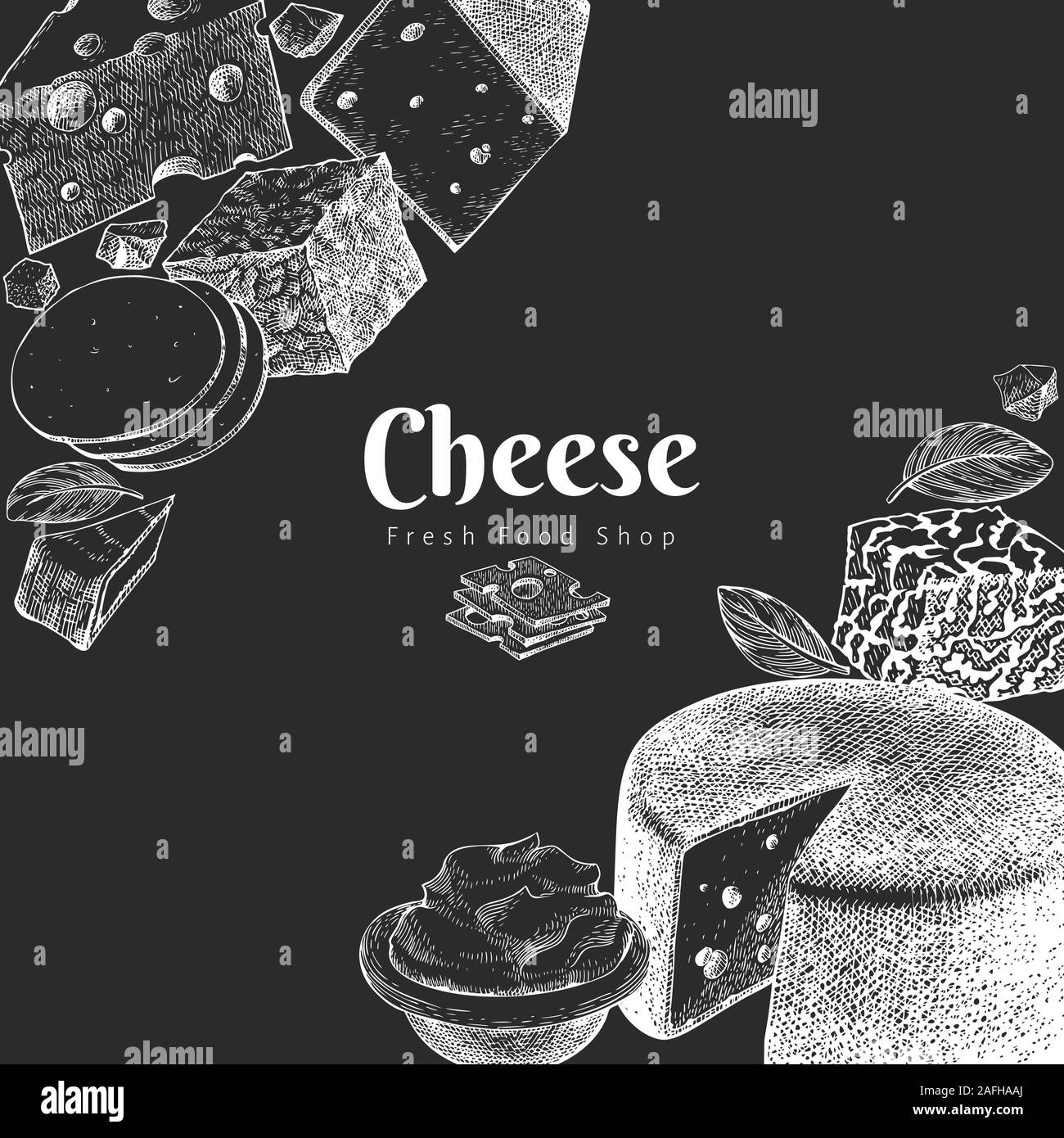 Cheese design template. Hand drawn vector dairy illustration on chalk ...